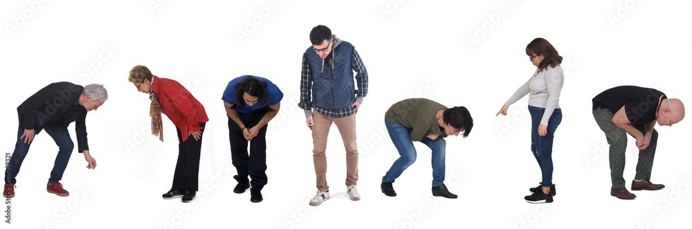 people looking at the ground on white background Stock Photo | Adobe Stock