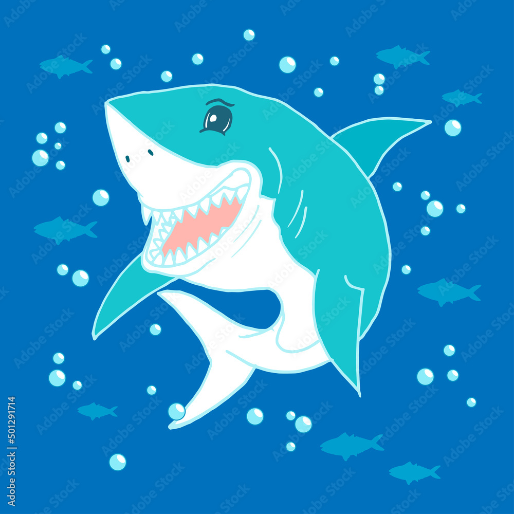 wild animal icon. shark with little fishes illustration on blue ...