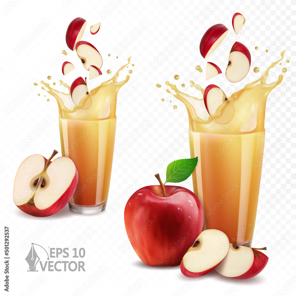 Juicy splash and drops, real apple juice in a glass, natural fresh red ...