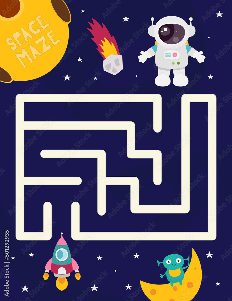 Vetor de Space Maze game for children. Help the Astronaut get to Rocket ...