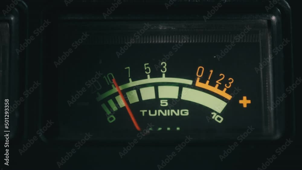 Arrow VU meter on tape recorder, analog indicator of sound signal level ...