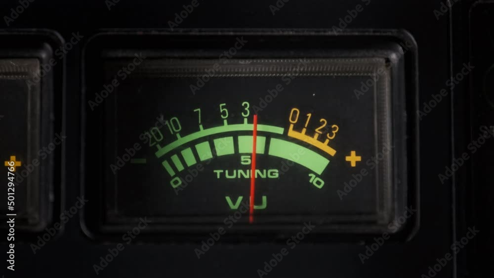 Arrow VU meter on tape recorder, analog indicator of sound signal level ...