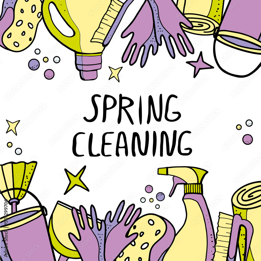 Vector banner concept with colorful house cleaning tools, bucket ...