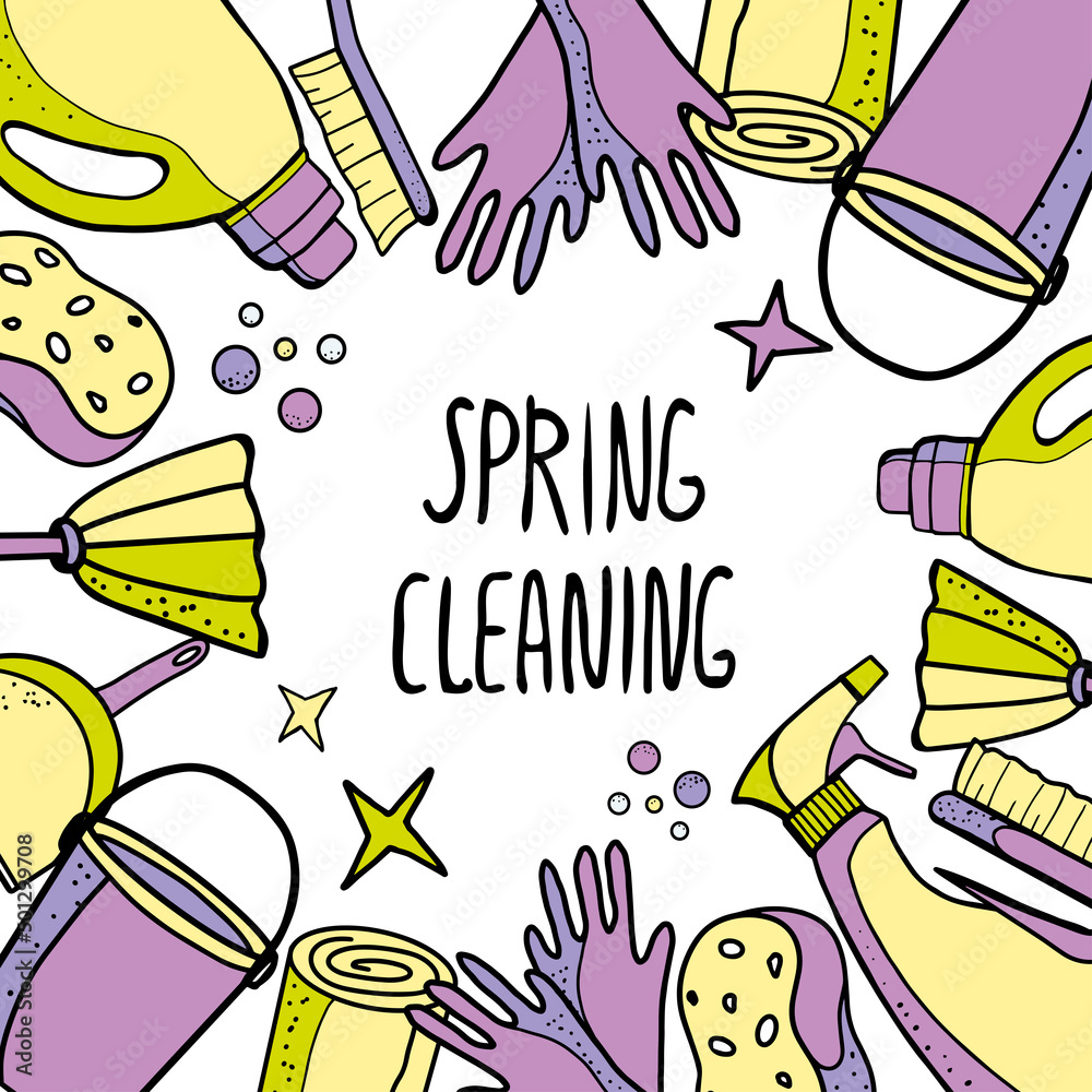 Vector banner concept with colorful house cleaning tools, bucket ...