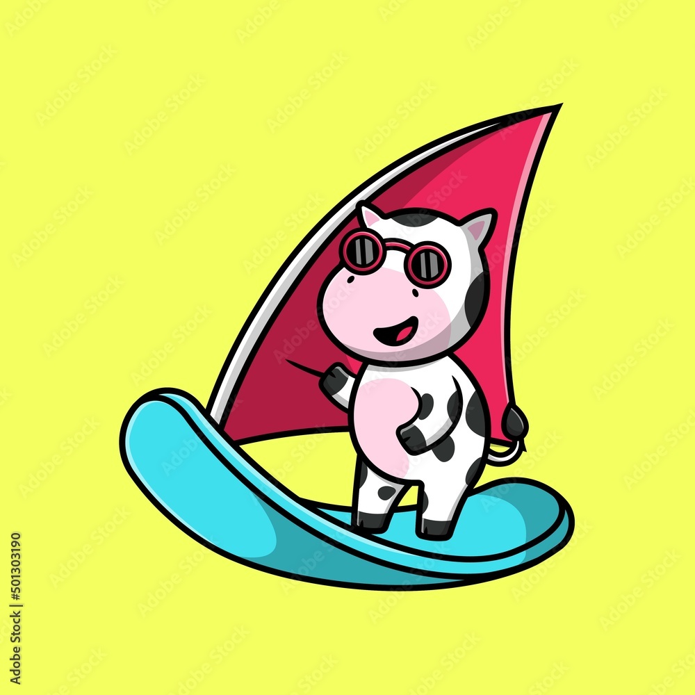 Cute Cow Playing Windsurfing Cartoon Vector Icon Illustration. Animal ...