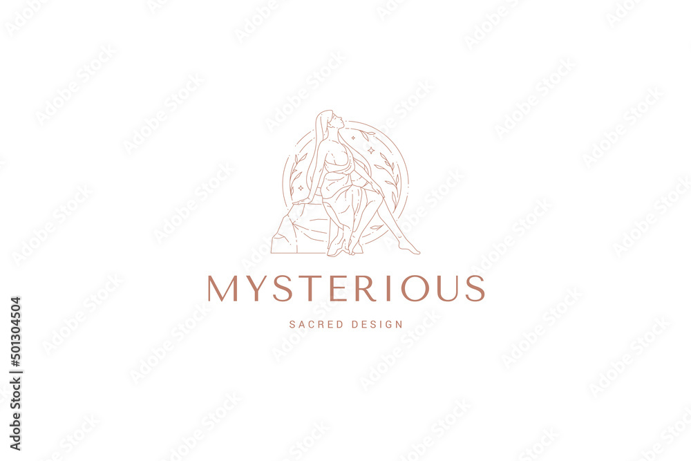 Medieval Greek elegant woman sitting on stone botanical circle frame ...