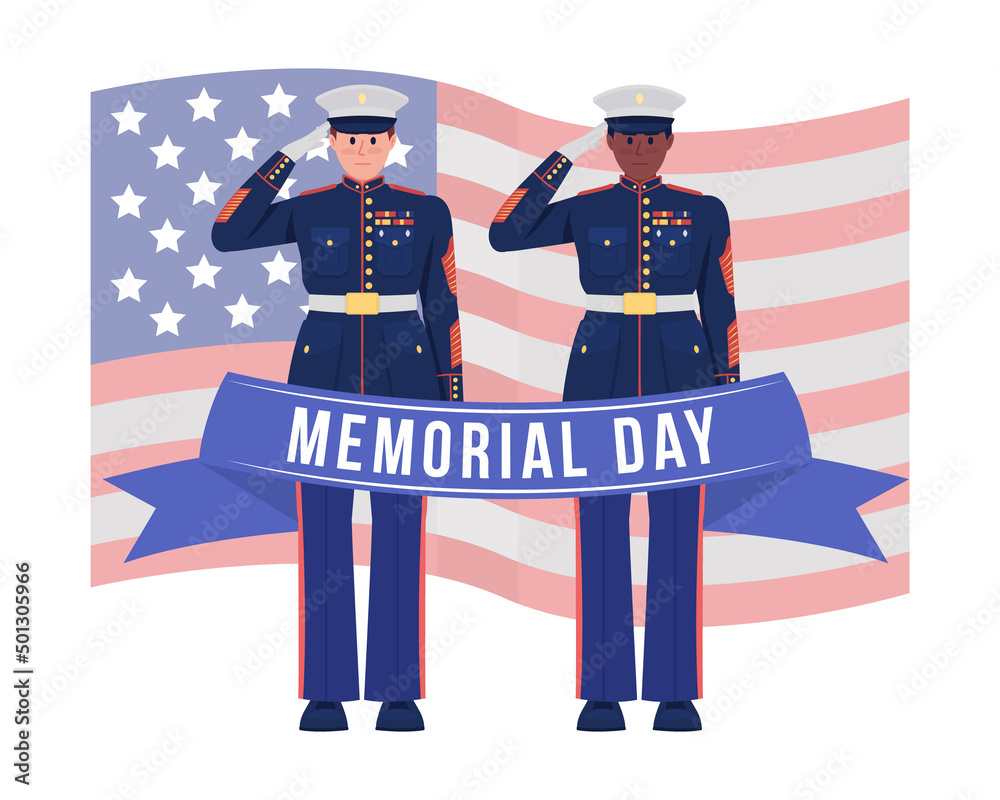 American Memorial day 2D vector isolated illustration. Soldiers and ...