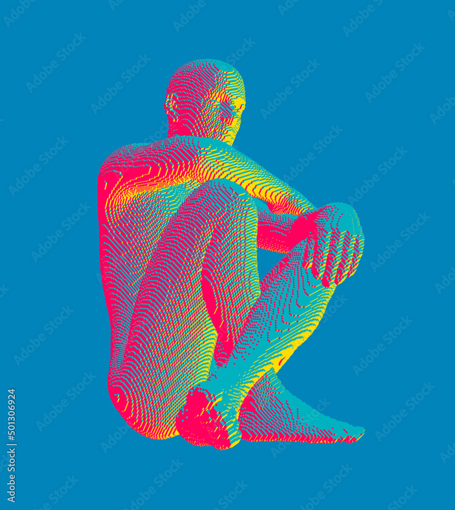 Man thinks about a problem. Despair, depression, hopelessness or addiction Concept. 3D model of ...