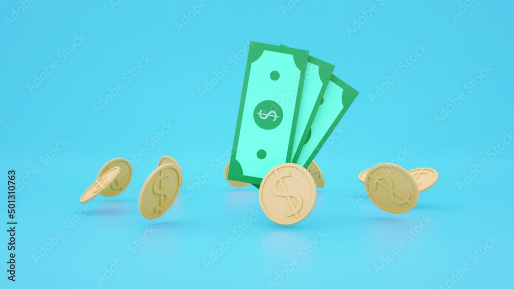 Animated Cash dollar bills and floating coins around video illustration ...