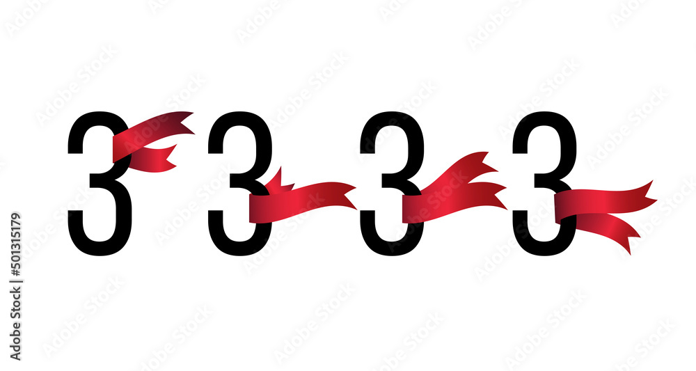 Set of number 3 symbols with red ribbons on black background. Award ...