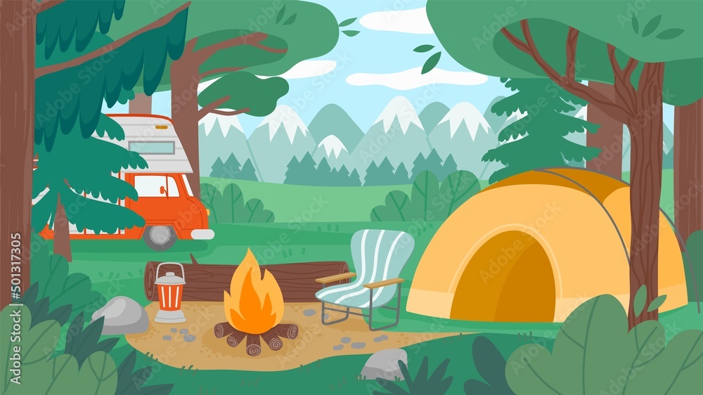 Camping cartoon forest. Tourist campground with campfire cooking pot ...