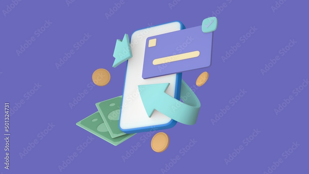 Bank card and smartphone concept of cashback and money back icons. Blue ...