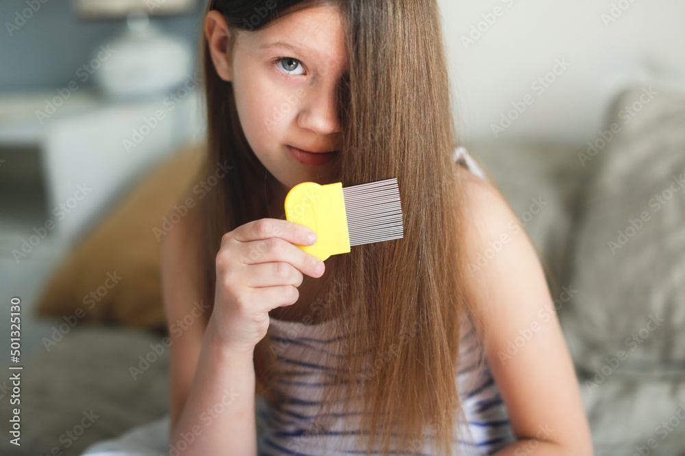 Long-haired European girl child with lice comb, protection. Health and ...
