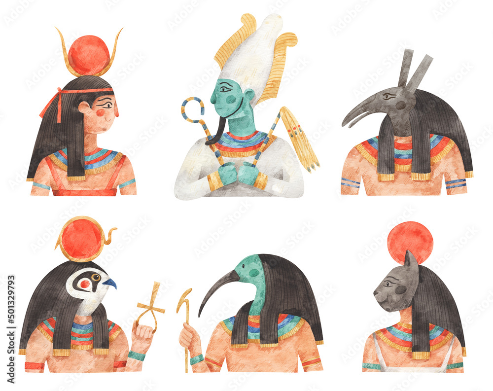 Ancient Egyptian gods and goddesses set. Isis, Osiris, Seth, Re, Thoth ...