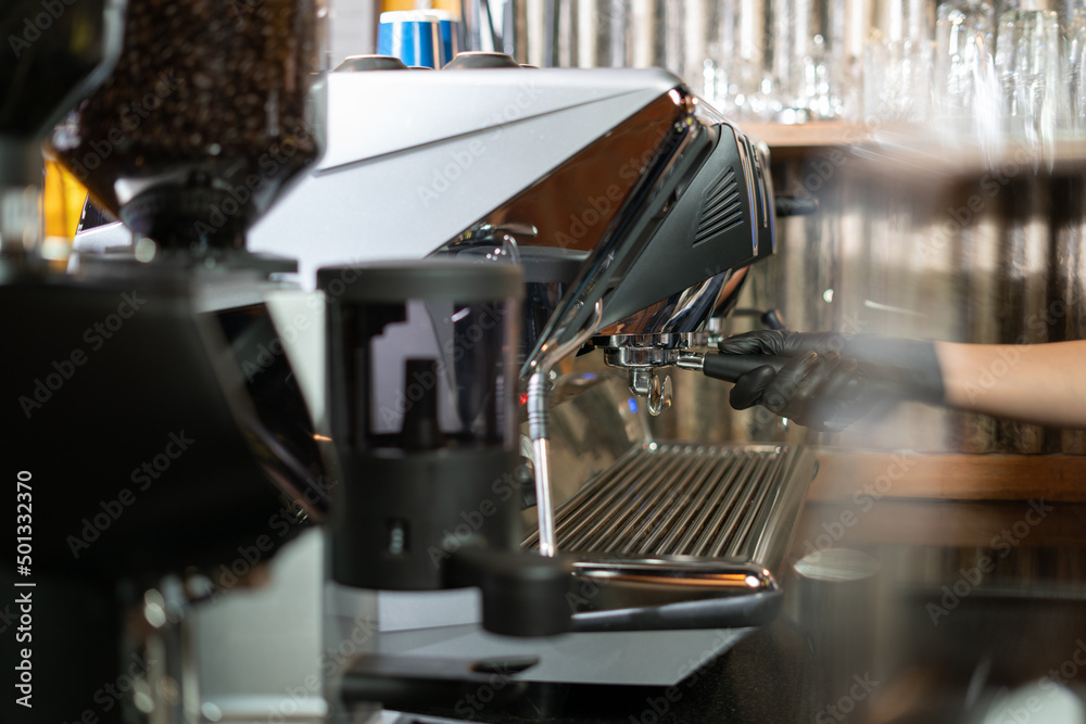 Close-up image of a coffee machine in a Cafe coffee shop or restaurant ...