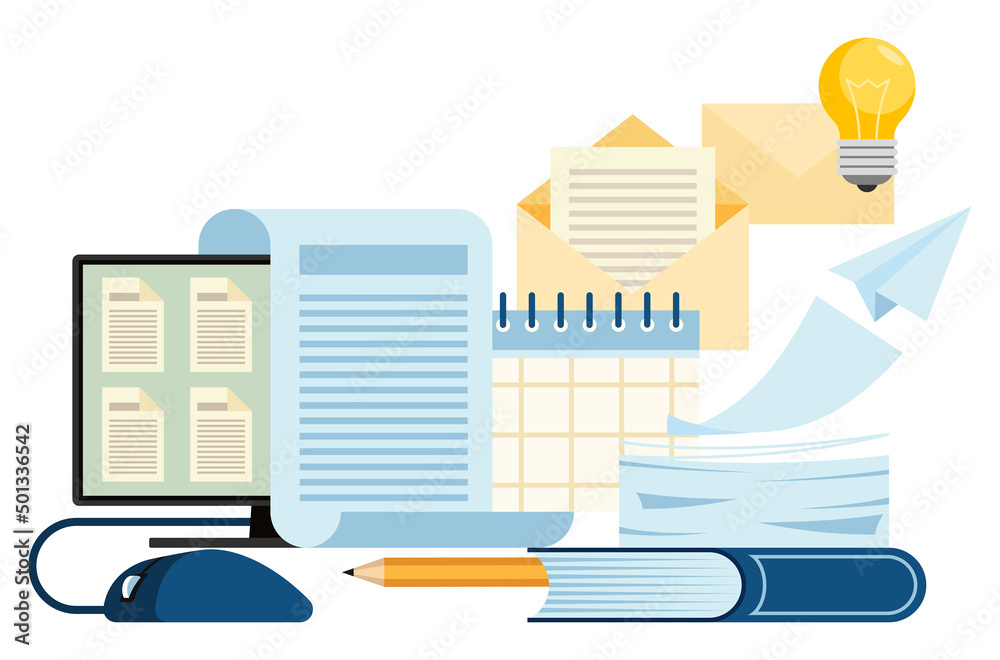 Office infographics. Computer, folders, documents, letters and stacks ...