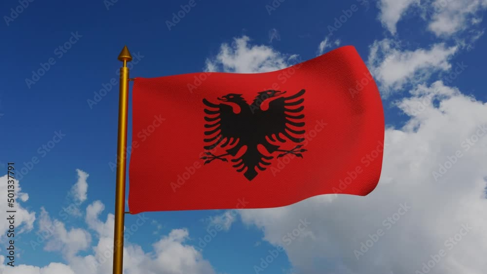 National flag of Albania waving 3D Render with flagpole and blue sky ...