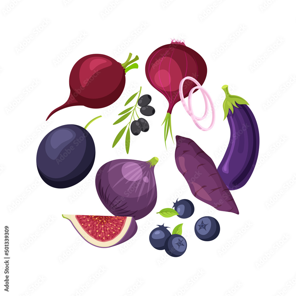 Mixed fruits and vegetables in violet colors. Healthy lifestyle food ...