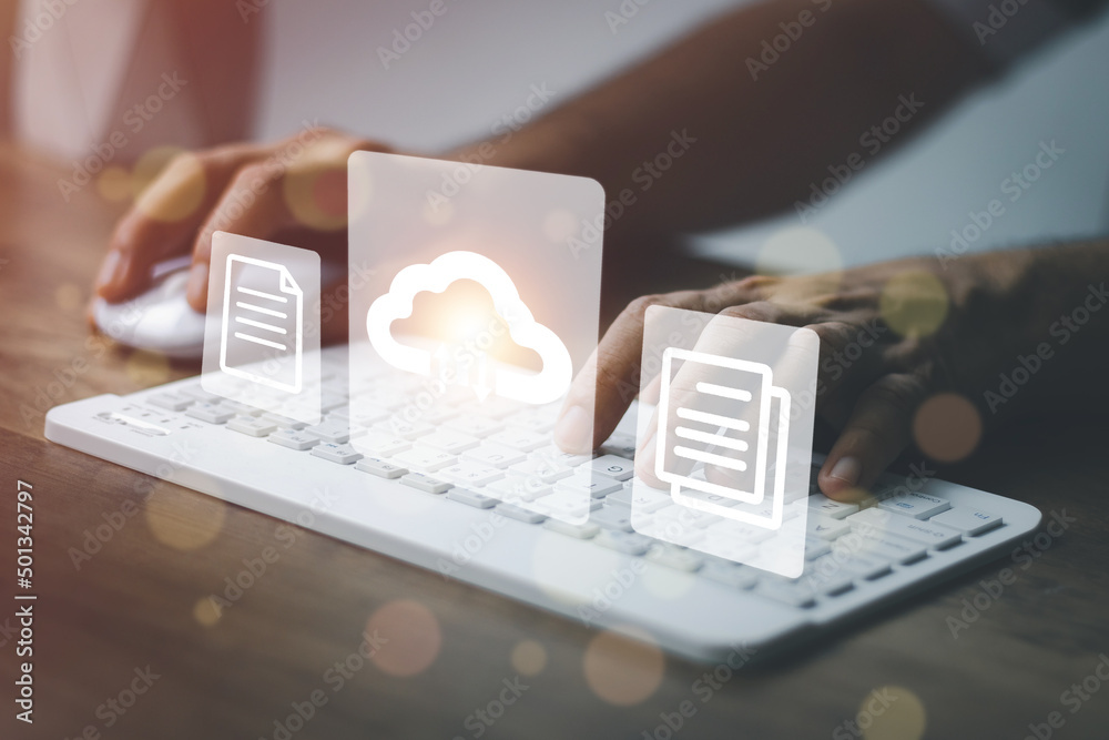 Document Management System(dms) concept. Male hands operating a ...