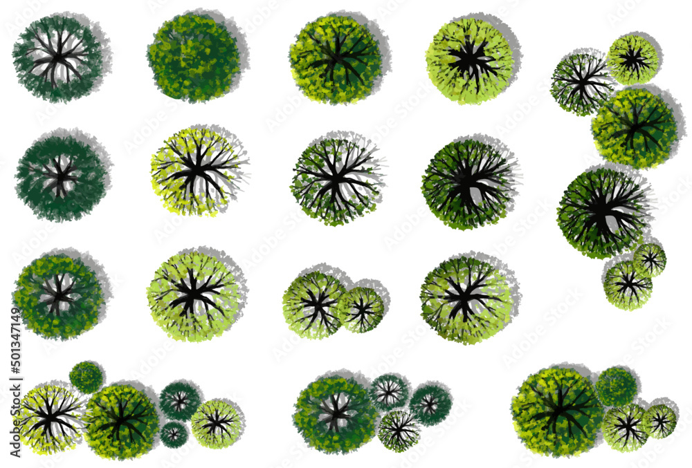 Vector green tree top view isolated on white background for landscape ...