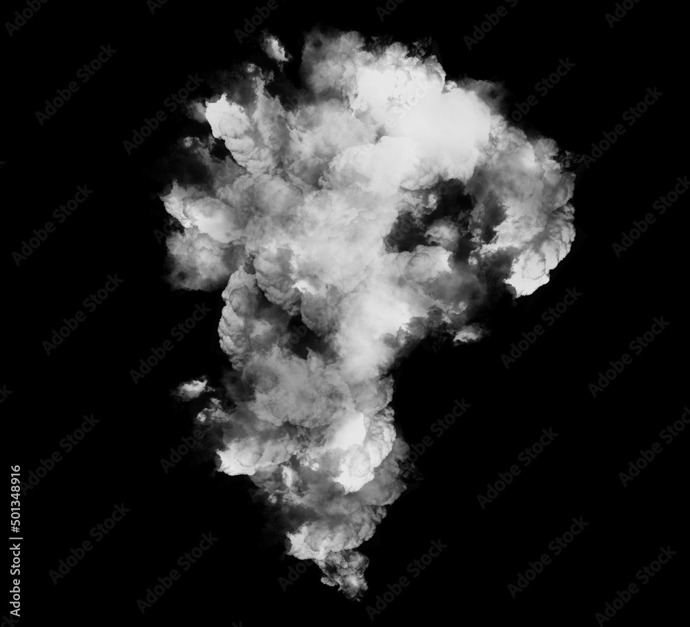 Abstract white puffs of smoke swirls overlay on black background ...