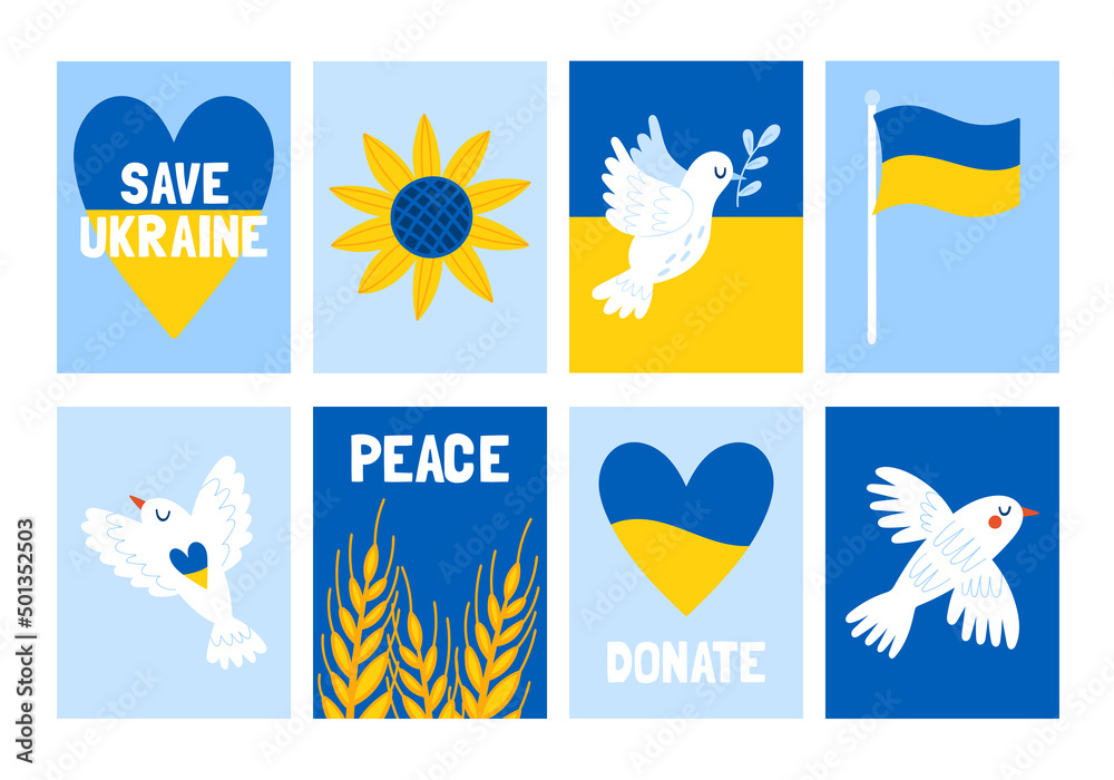 Save Ukraine concept banner set with Ukraine national flag, pigeon and ...