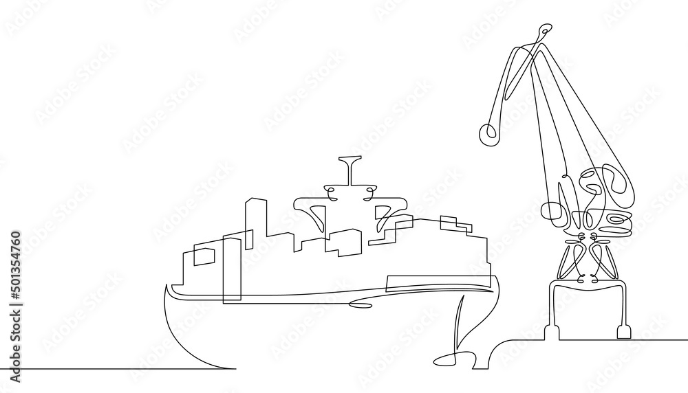 One continuous line. Cargo seaport. Pier with loading cranes. Unloading ...