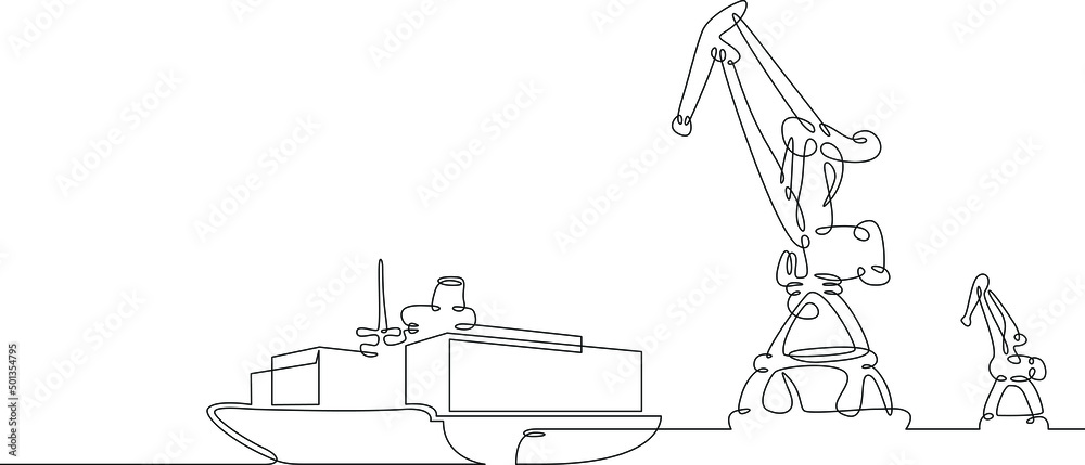One continuous line. Cargo seaport. Pier with loading cranes. Unloading ...