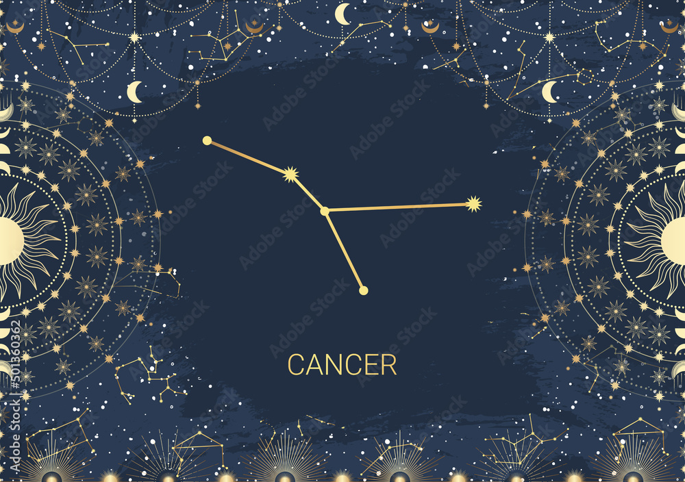 Hand drawn card of golden Cancer, Sun, Moon, star. Constellation ...