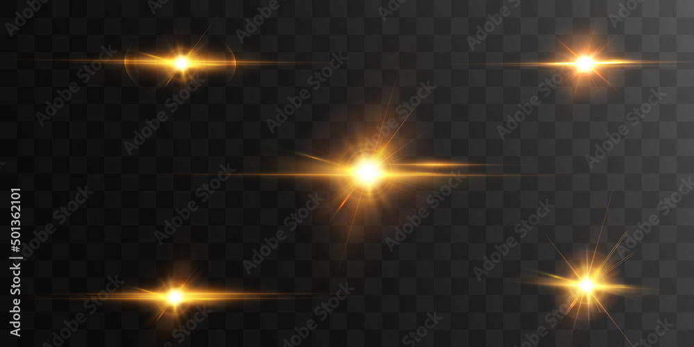 Set of light effects golden glowing light isolated on transparent background. Solar flare with ...