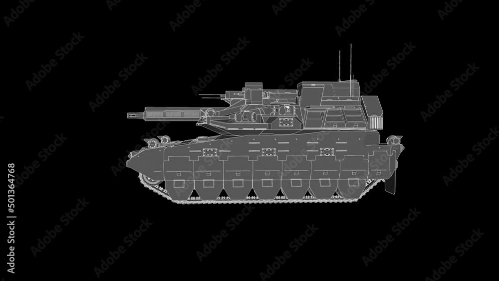 Three sixty degree view of an artillery tank rotating on black ...