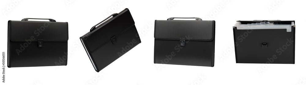 Collage. Various types of black plastic briefcase with a pen for ...