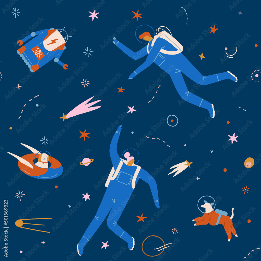 Space adventure pattern with boy, girl, dog and robot astronaut explore ...