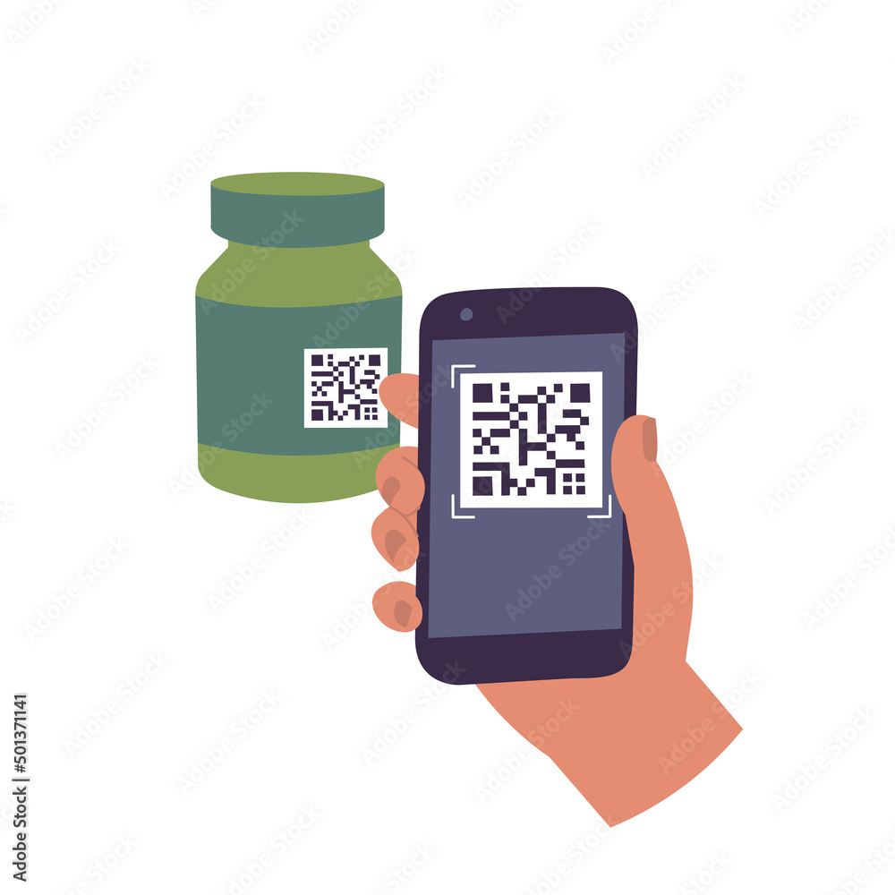 Vector illustration hand holding mobile phone code scanner or reader ...
