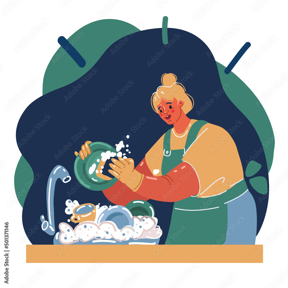 Cartoon vector illustration of woman washing dish at kitchen Stock ...