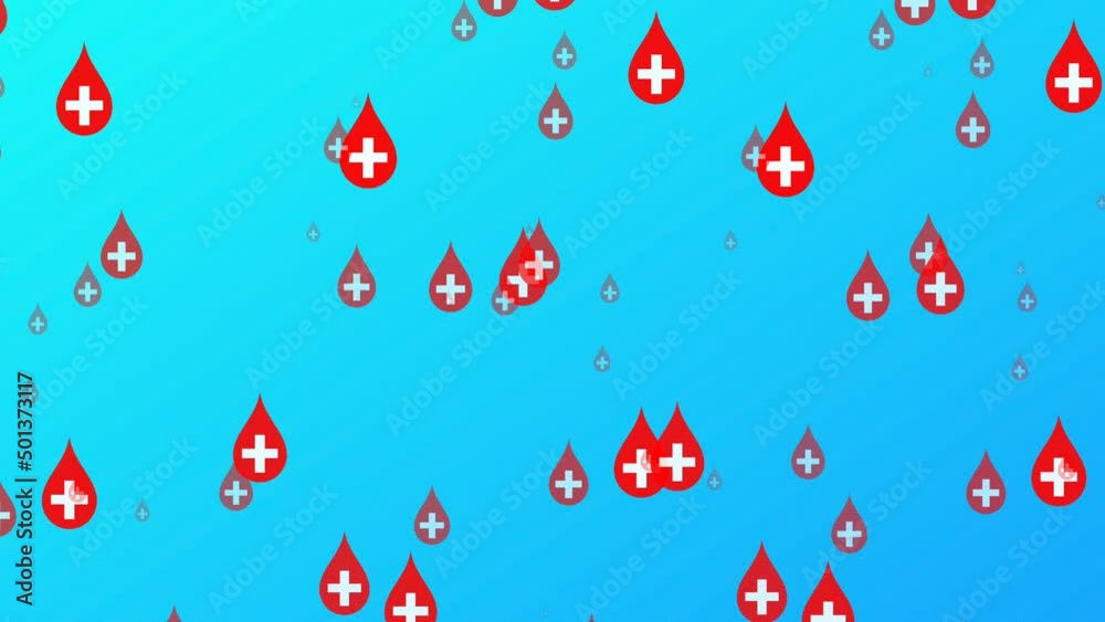 Blood drops with red cross motion animation isolated on blue background ...