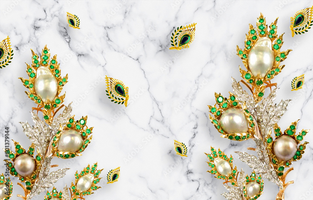 3D wallpaper golden broach and green diamond with marble Stock ...