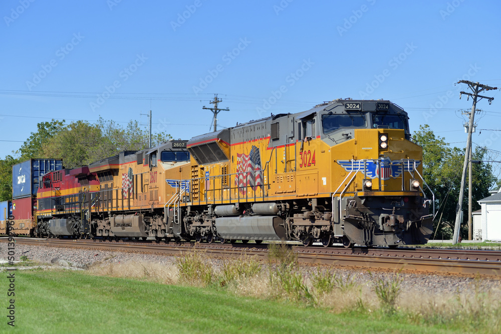 A Union Pacific Railroad freight train in rural Illinois, during its ...