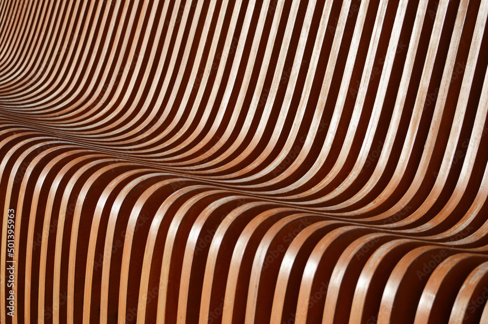Curved wooden slats. Beautiful gradient from brown to green. Abstract ...