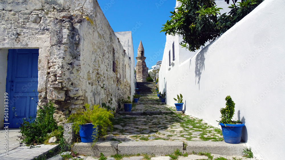 Typical street in the old town of Kos, Kos Island, Greece Stock Photo ...