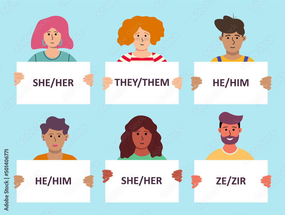 People Holding Signs With Gender Pronouns. She, He, They, Non-binary ...