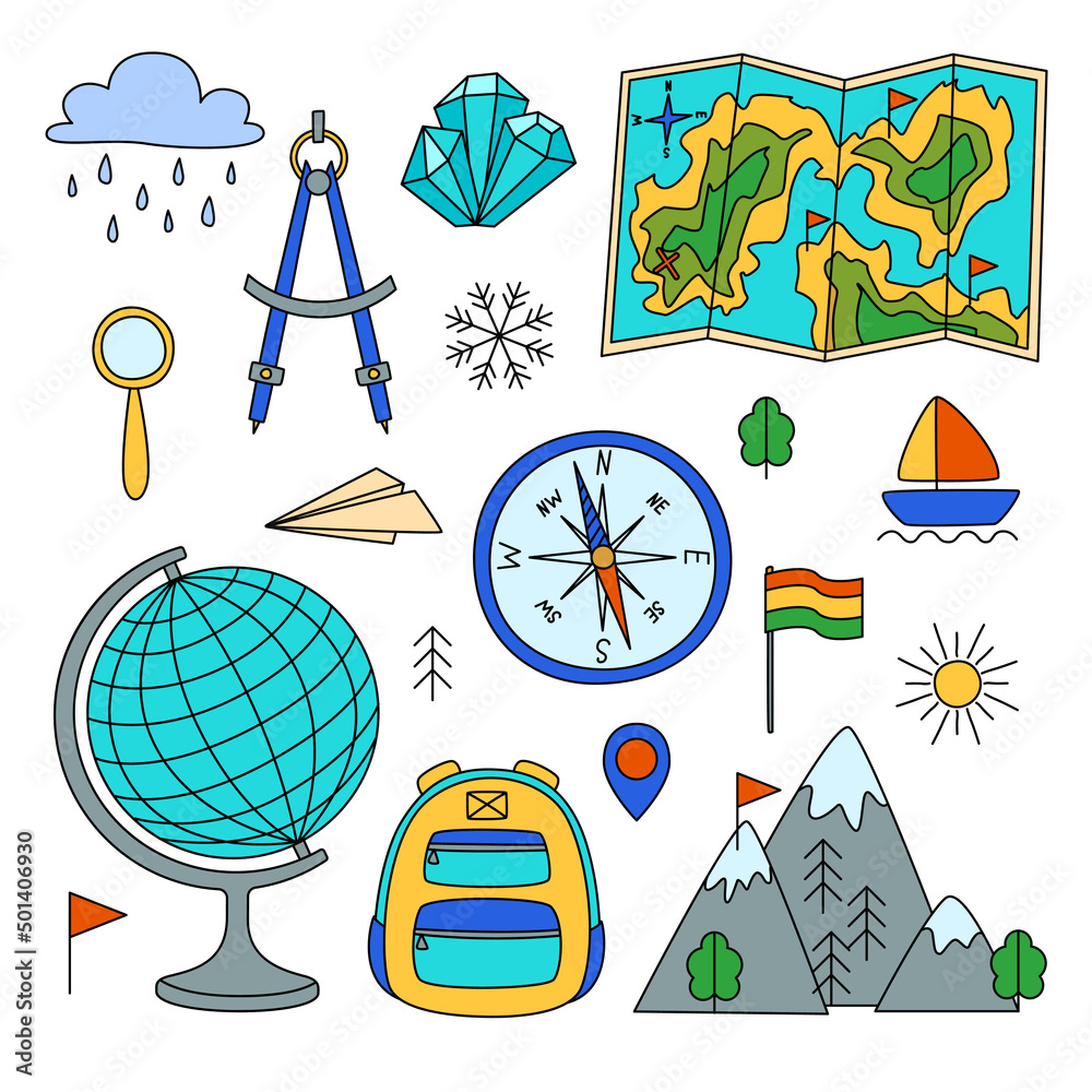 Geography objects illustrations set. School subject design. Study ...