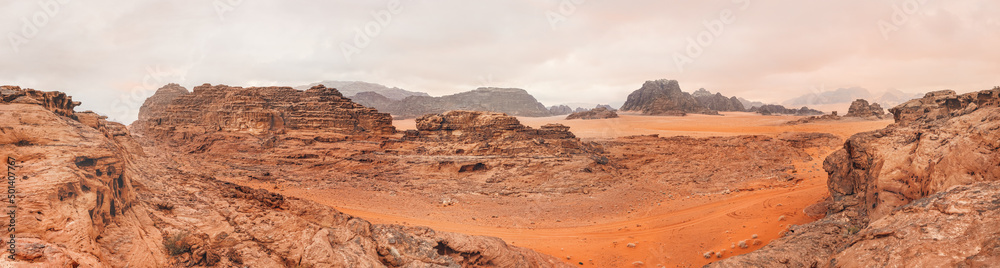 Red orange Mars like landscape in Jordan Wadi Rum desert, mountains ...