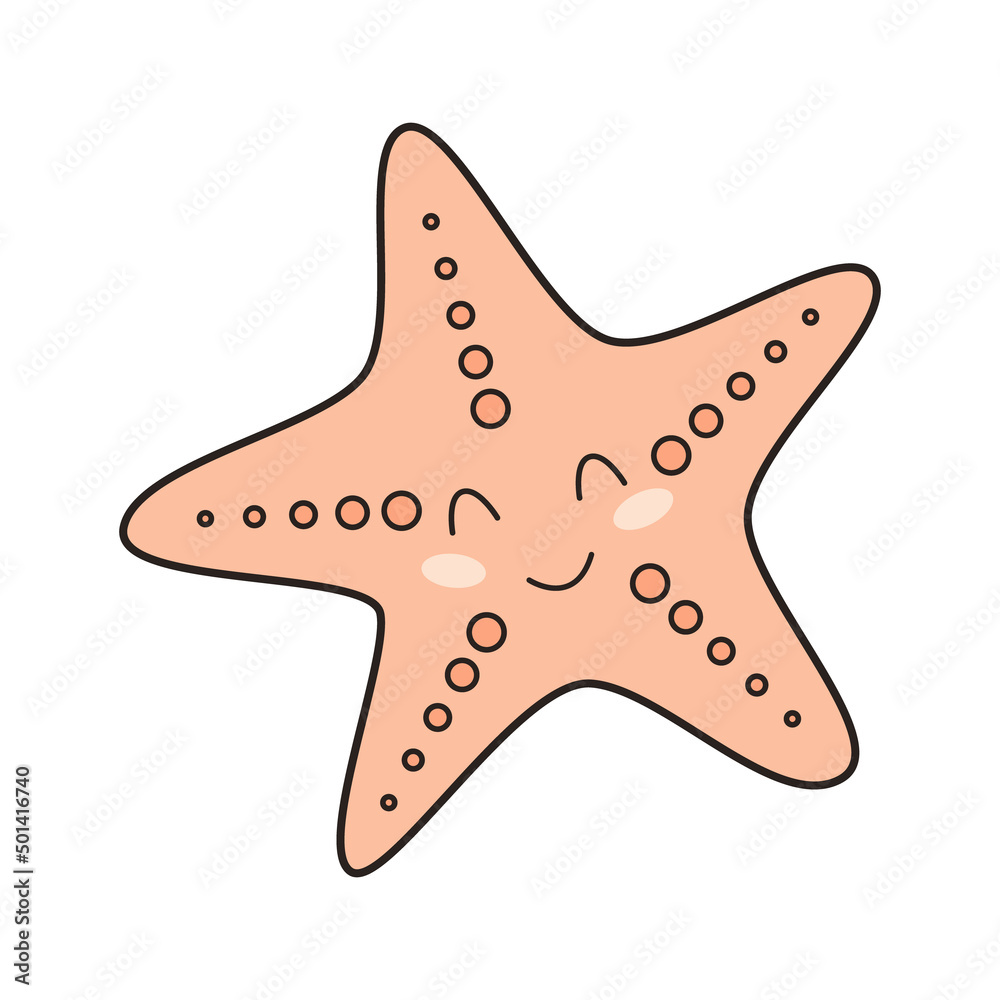 Cartoon vector drawing of a starfish in a flat style. Cute starfish in ...