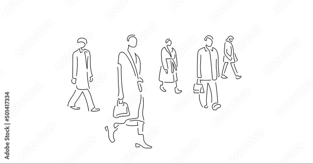 People walking in line art animation. Footage of a group of casual ...