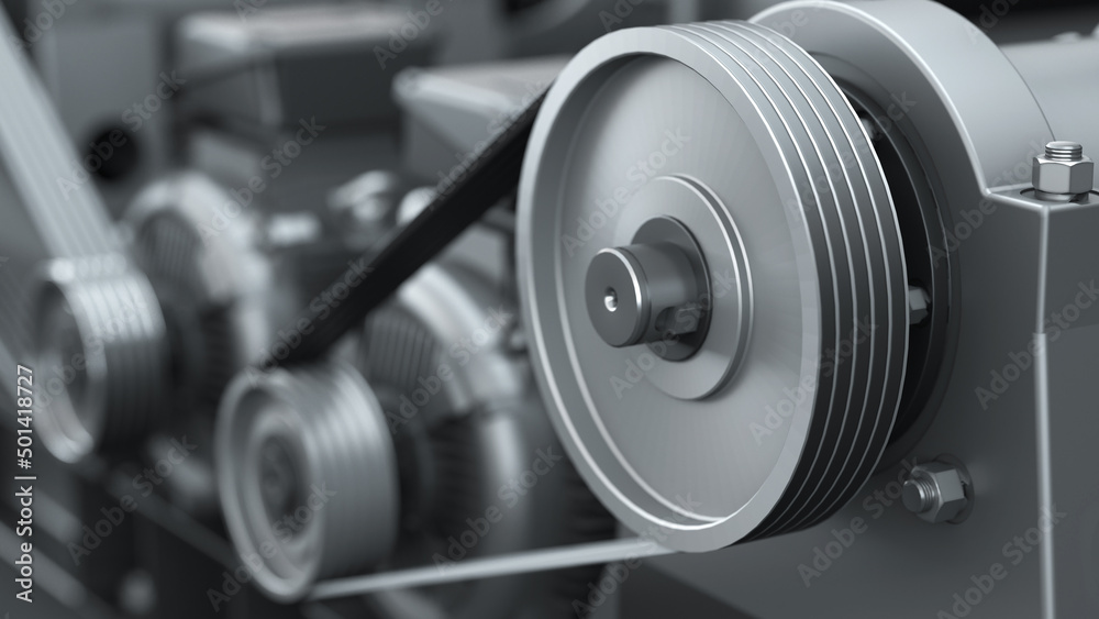 Electric motor with pulley and belt drive close-up. Torque transmission ...