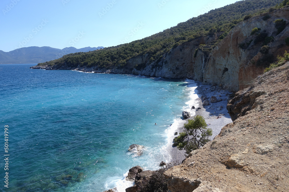 Famous crystal clear beach of Halikiada in island of Agistri, Saronic ...