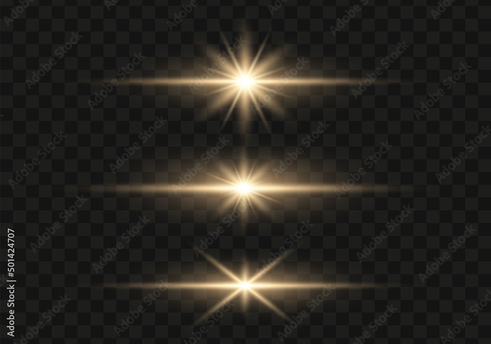 Set of bright gold flashes, lights and sparks on a transparent ...