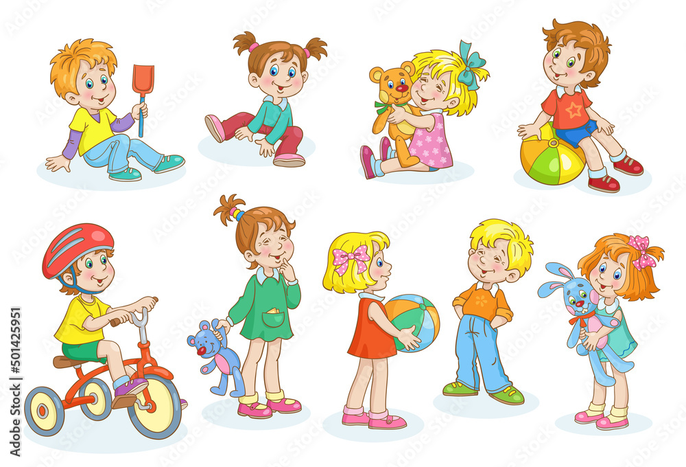 Kids are playing. Set of cute little children with their favorite toys ...