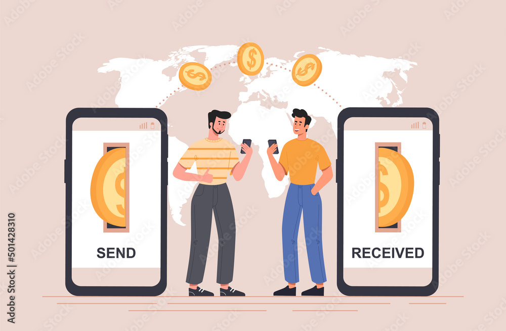 International money transaction concept. Young men with smartphones in ...